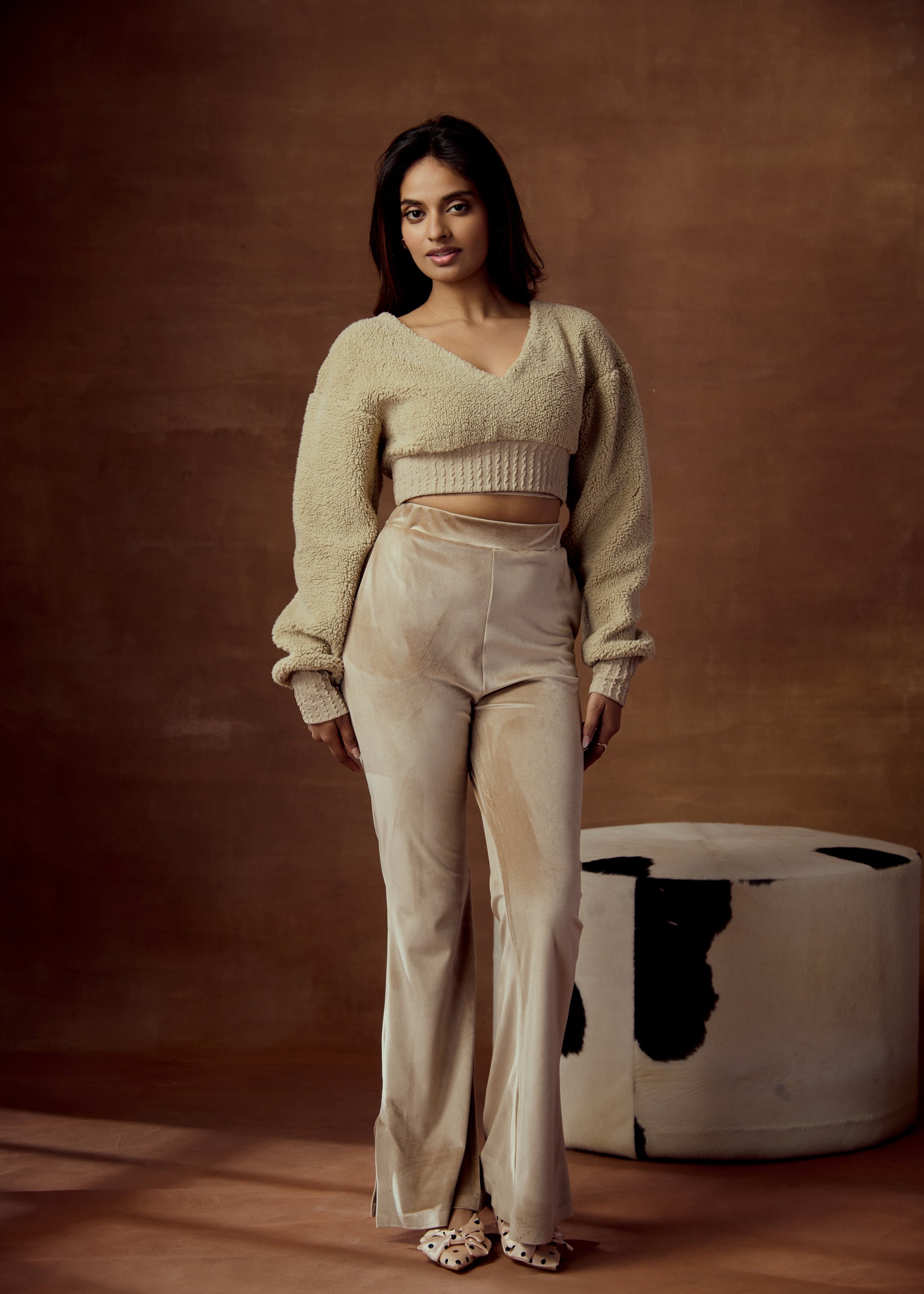 Bertha Beige Velour High-Waisted Pants and Cropped Cami Set – Lea ...